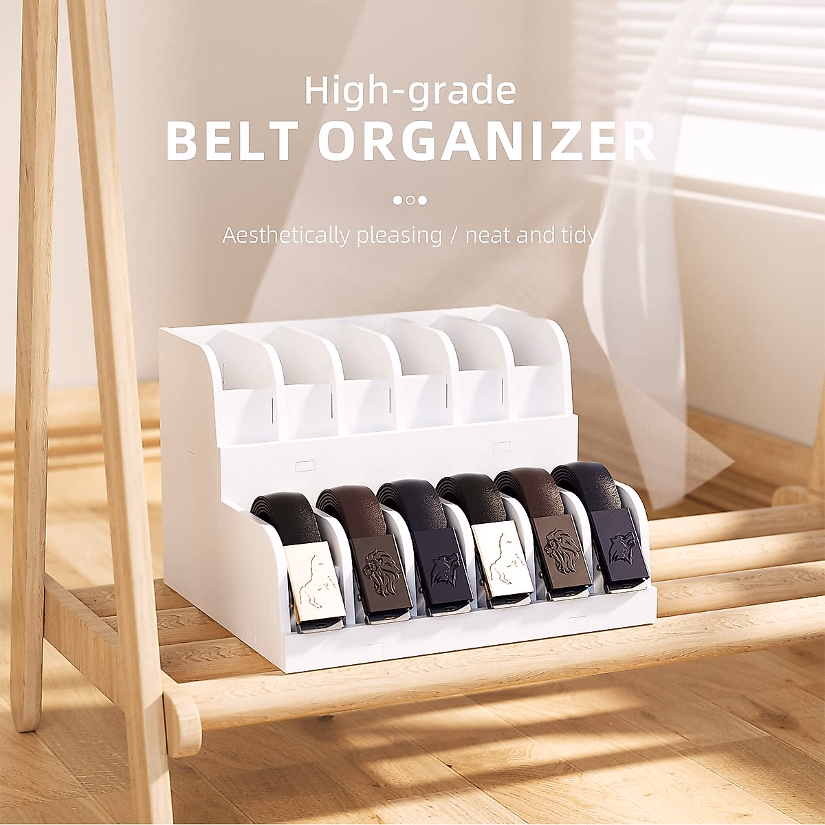 QI XING Belt Organizer,12 Grids Belt Rack, Belt/Tie Organizer Drawer, Belt Storage holder for Closet, Belt Storage Organizer and Displayer for Men Women (White)