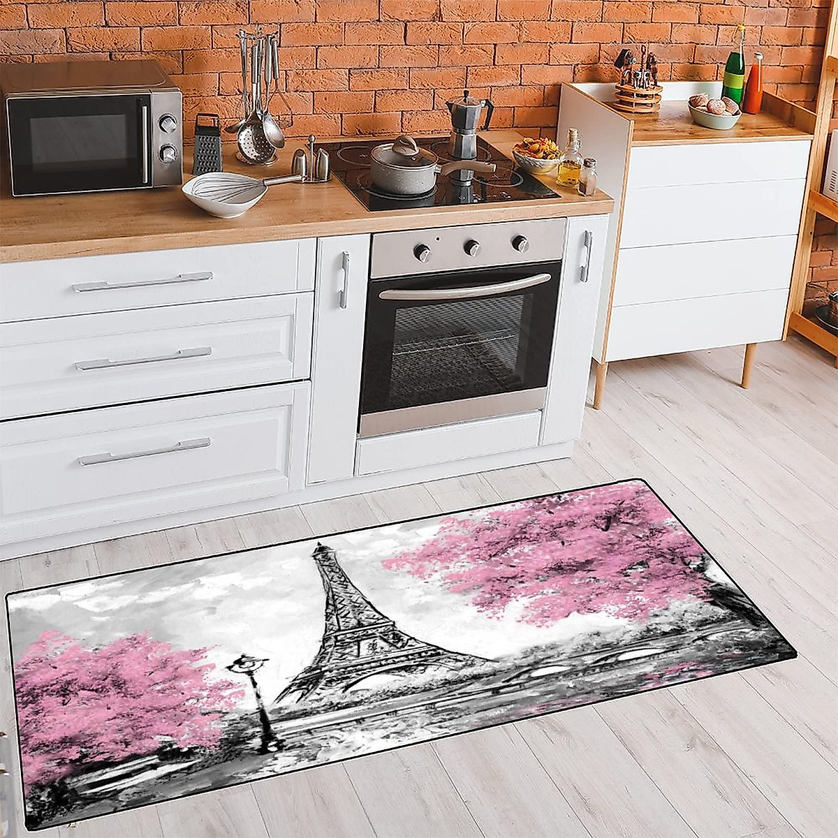 TsyTma Oil Painting Paris Eiffel Tower Kitchen Rug Non-Slip Decor Absorbent White and Pink Modern Art Kitchen Floor Mat Bathroom Rug Waterproof Runner Rug 39"x20"