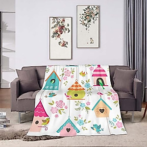 Throw Blanket 60x80 Inch,Floral Birds Houses Home Flannel Soft Cozy Fluffy Throw Blankets and Warm Throws for Adults in Couch Sofa Bed 60x50 Inch