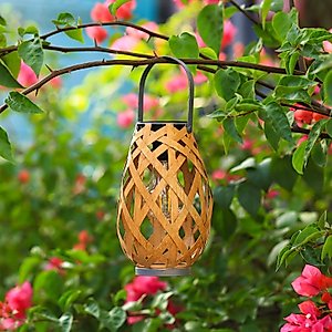 Solar Metal Woven Lanterns Outdoor - 12" Waterproof Hanging Cordless Lantern with Edison Bulb for Farmhouse Yard Patio Garden