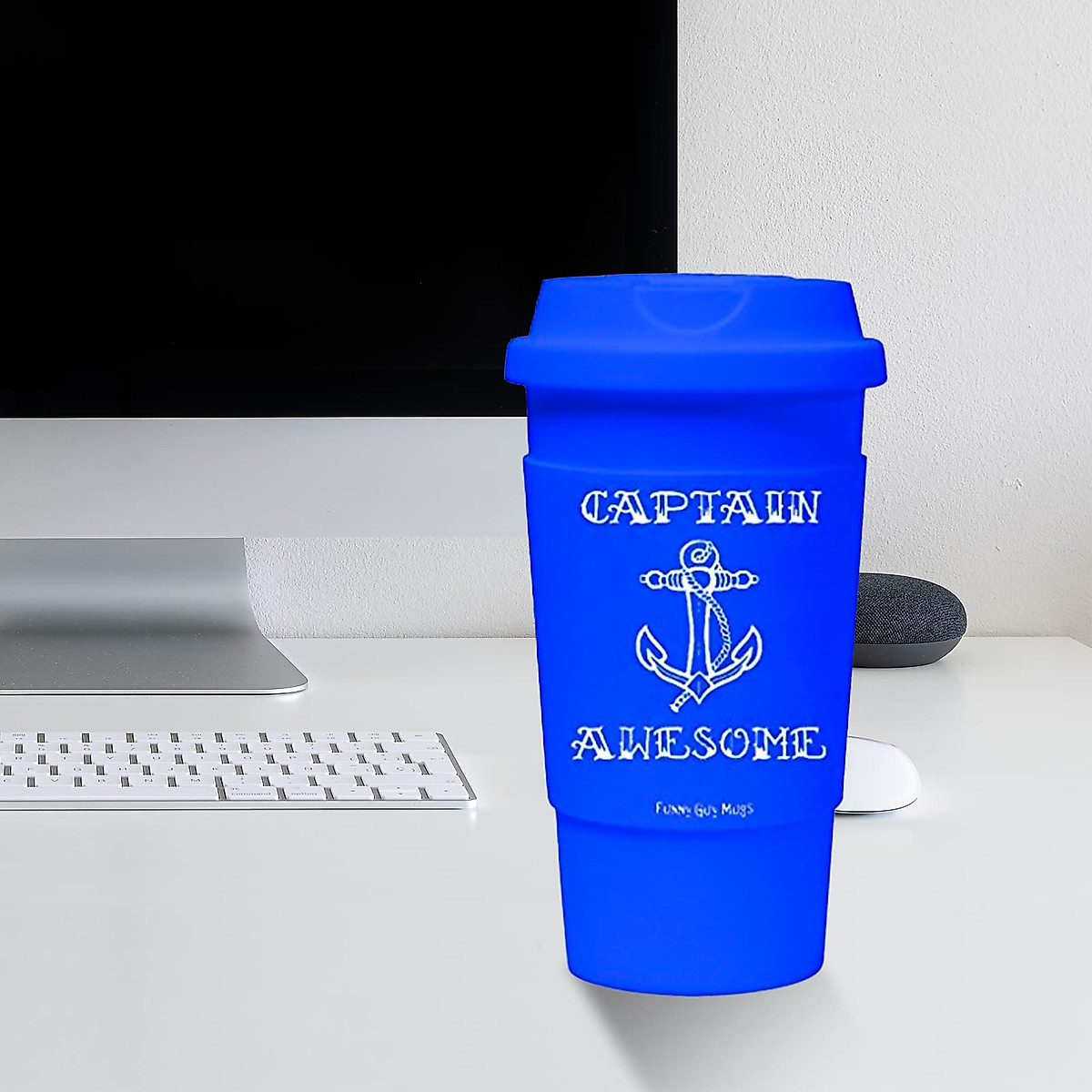 Funny Guy Mugs Captain Awesome Travel Tumbler With Removable Insulated Silicone Sleeve, Blue, 16-Ounce