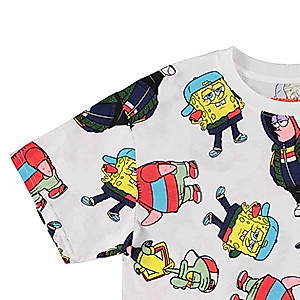 Mens Spongebob Squarepants Classic Shirt - Spongebob, Patrick, Squidward & Krusty Krab Allover Print T-Shirt (White, Medium)