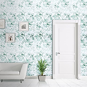 Melwod Green Breezy Leaves Peel and Stick Wallpaper 17.7” x 78.7” Neutral Watercolor Floral Leaf Contact Paper Self-Adhesive Vinyl for Drawer Cabinets Furniture Accent Walls