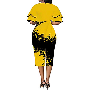 Elegant Church Dresses for Women Sexy Pencil Dresses Crew Neck Short Ruffles Sleeve Dress Bodycon Business Suiting Floral Stretchy Yellow