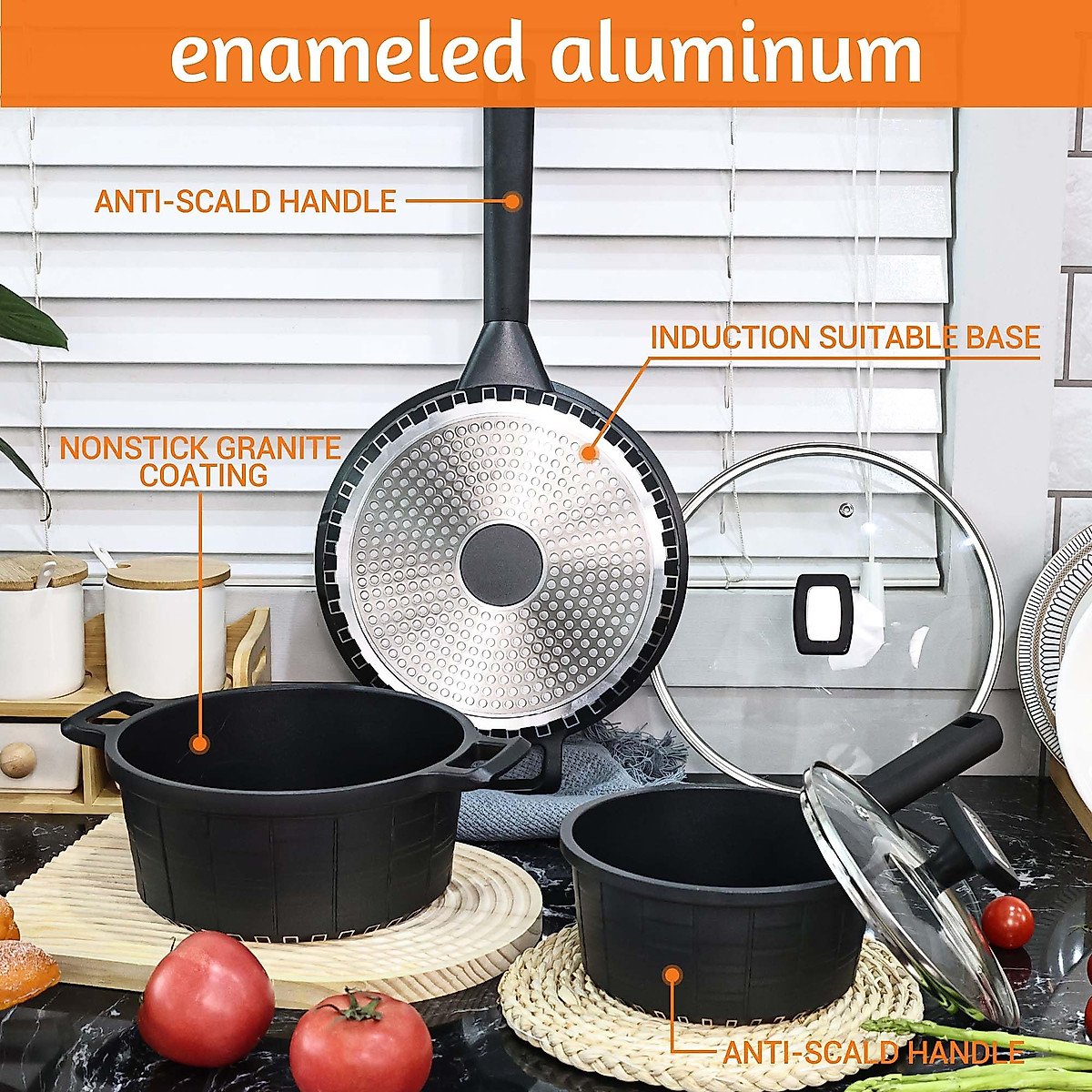 Wodillo Cookware Set, Pots and Pans with Utensils, Nonstick Scratch Resistant Cooking Surface Compatible with All Stoves(Gas, Electric & Induction) - Black