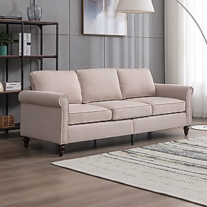 ZAFLY Sofa Couch, Beige 3 Seat Couches for Living Room, Mid Century Modern Couch with Solid Wood Frame and 4 Gourd Shapes Legs for Home/Office/Apartment