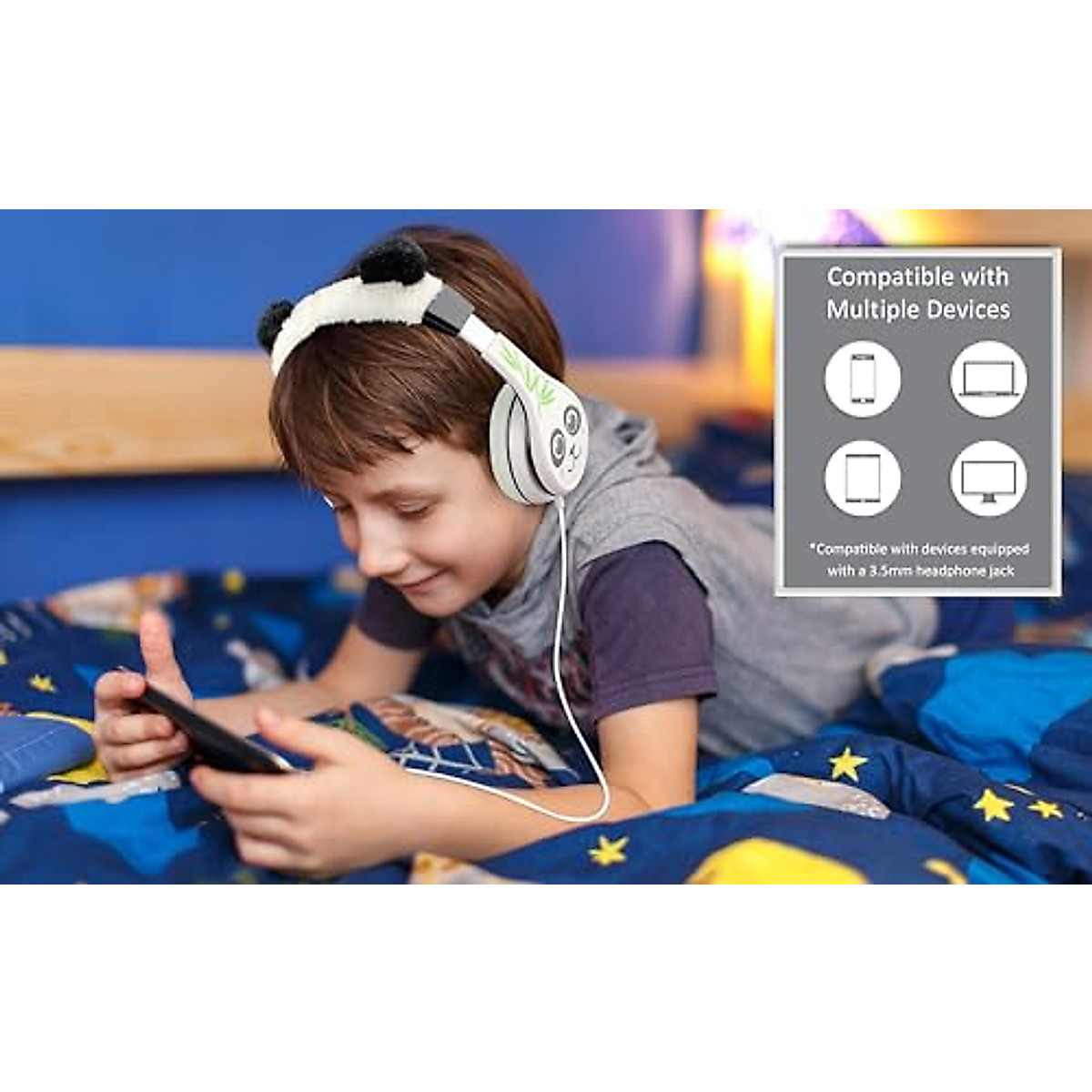 Panda Kids Headphones, Adjustable Headband, Stereo Sound, 3.5Mm Jack, Wired Headphones for Kids, Tangle-Free, Volume Control, Foldable, Childrens Headphones Over Ear for School Home, Travel