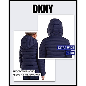 DKNY Boys Jacket – Midweight Insulated Quilted Outerwear Parka Puffer Coat – Water Resistant Boys Winter Hooded Jacket (8-20), Size 14-16, Navy Blue
