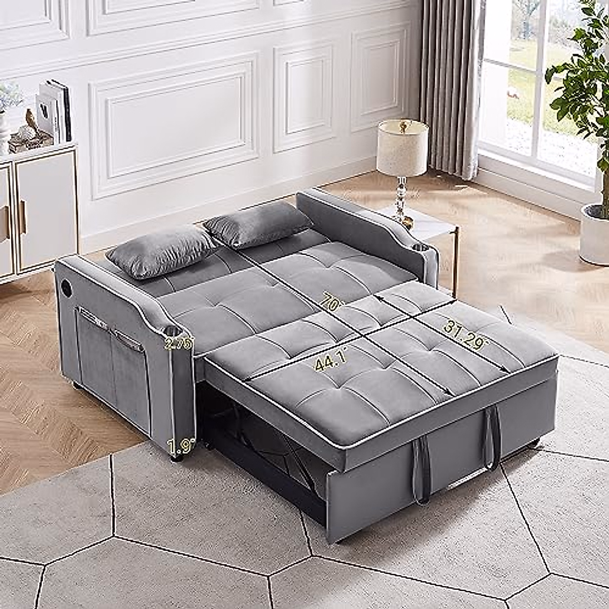 Modern Upholstered Napping Futon Sofa Loveseat Convertible to Nap Sleeper Couch Bed,3 in 1 Design Loveseat & Sofabed & Recliner Chaies for Compact Living Room