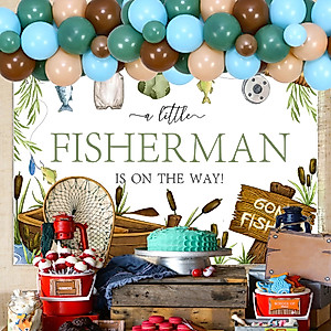 kreat4joy Fishing Baby Shower Decorations for Boy, Gone Fishing Baby Shower Decorations, Blue Green Brown Balloon Arch with a Little Fisherman Is On The Way Backdrop for Fish Outdoor Adventure Camping