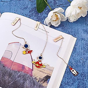 Beadthoven 8pcs Space Theme Metal Bookmarks with Chain Metal Enamel Charms Cute Astronaut Planet Rocket Metal Book Marker Page Clip Pendants for Student Kids School Office Book Reading Supplies