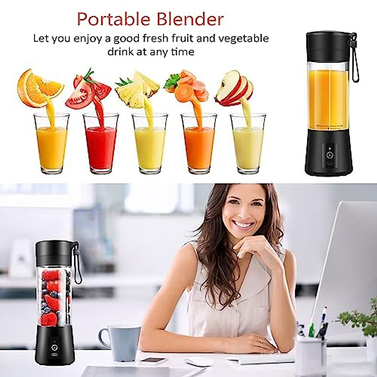 Portable Blender, Blender for Shakes and Smoothies, Personal Blender, Mini Shakes Juicer Cup 380ml USB Rechargeable with 6 Stainless Steel Blades for Kitchen,Sport and Travel, Black