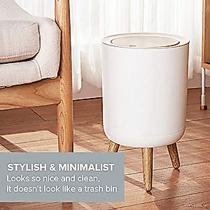 Nordic Style Trash Can (1-Pack) - Push Top Trash Can with Lid - 14.3" x 8.7" White Top Spring Waste Basket - Scandinavian Modern Garbage Can - Round Trash Bin w/ Legs - Kitchen/Bathroom Trash Can I 1.8 Gallon - 7L