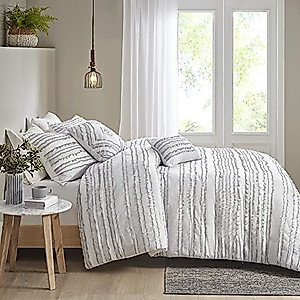 Urban Habitat Avery 100% Cotton Clipped Jacquard Duvet Casual Stripe Design, All Season Comforter Cover Modern Bedding Set with Matching Sham, Decorative Pillow, Full/Queen, Grey 5 Piece