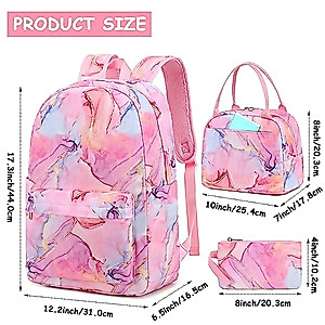 Bluboon Teen Girls School Backpack Kids Bookbag Set with Lunch Box Pencil Case Travel Laptop Backpack Casual Daypacks (Marble Pink-Blue)