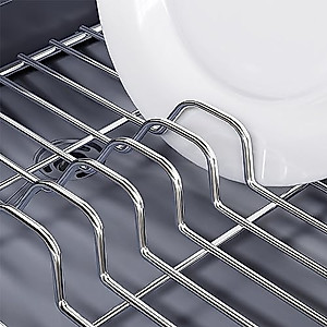 Dish Drying Rack - Expandable Dish Racks - Large Stainless Steel Dish Drainer for Kitchen Counter with Utensil Holder and Cup Holder, Grey