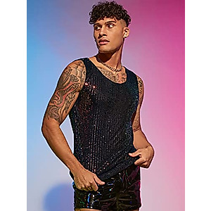 WDIRARA Men's Sequin Sleeveless Round Neck Tank Top T Shirt Party Top Black Sequins M