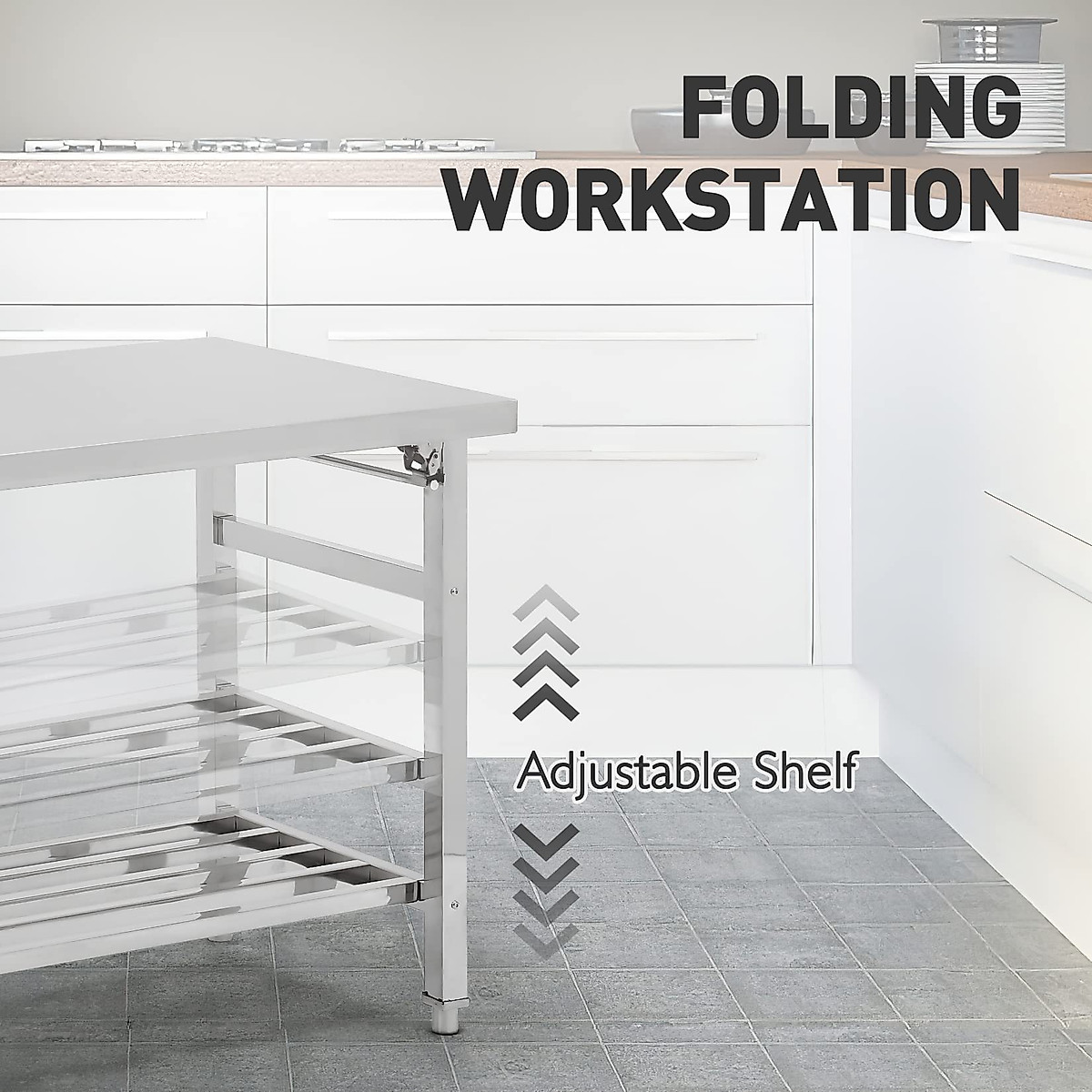 Stainless Steel Table 48 * 24 in, Portable Kitchen Island Stainless Steel Prep Table Work Bench with Foldable Table Legs, Work Table with Adjustable Undershelf for Kitchen Restaurant