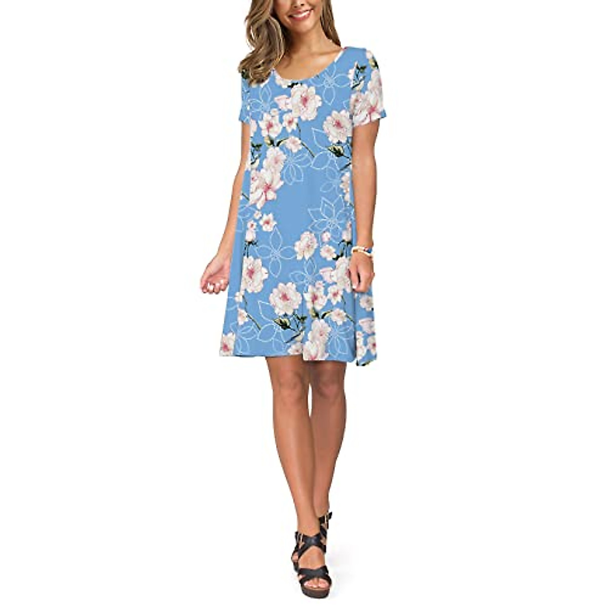 KORSIS Women's Summer Floral Dresses T Shirt Dress Flower Light Blue S