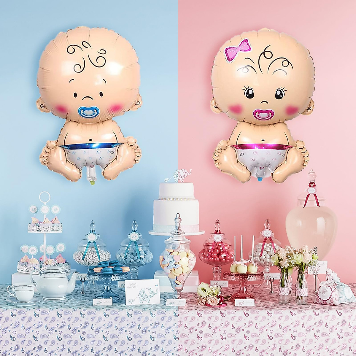 BLOOMWIN 2pcs Black Gender Reveal Balloons 36“ with Heart Confetti, Baby Boy and Girl Large Foil Balloons, Boy or Girl Gender Reveal Decorations Kit Baby Shower Pink and Blue