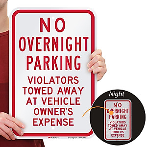 SmartSign 18 x 12 inch “No Overnight Parking - Violators Towed Away At Vehicle Owner's Expense” Metal Sign, 63 mil Aluminum, 3M Laminated Engineer Grade Reflective Material, Red and White
