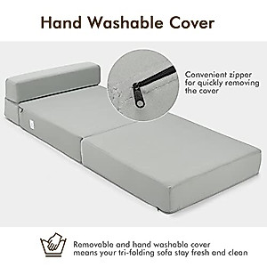 COSTWAY Triple Fold Down Sofa Bed, 3-in-1 Fold Floor Couch Lounge Sleeper with Thick Cushion, Flock Fabric, Convertible Design, Portable Single Guest Bed Mattress for Living Room Bedroom (Grey)