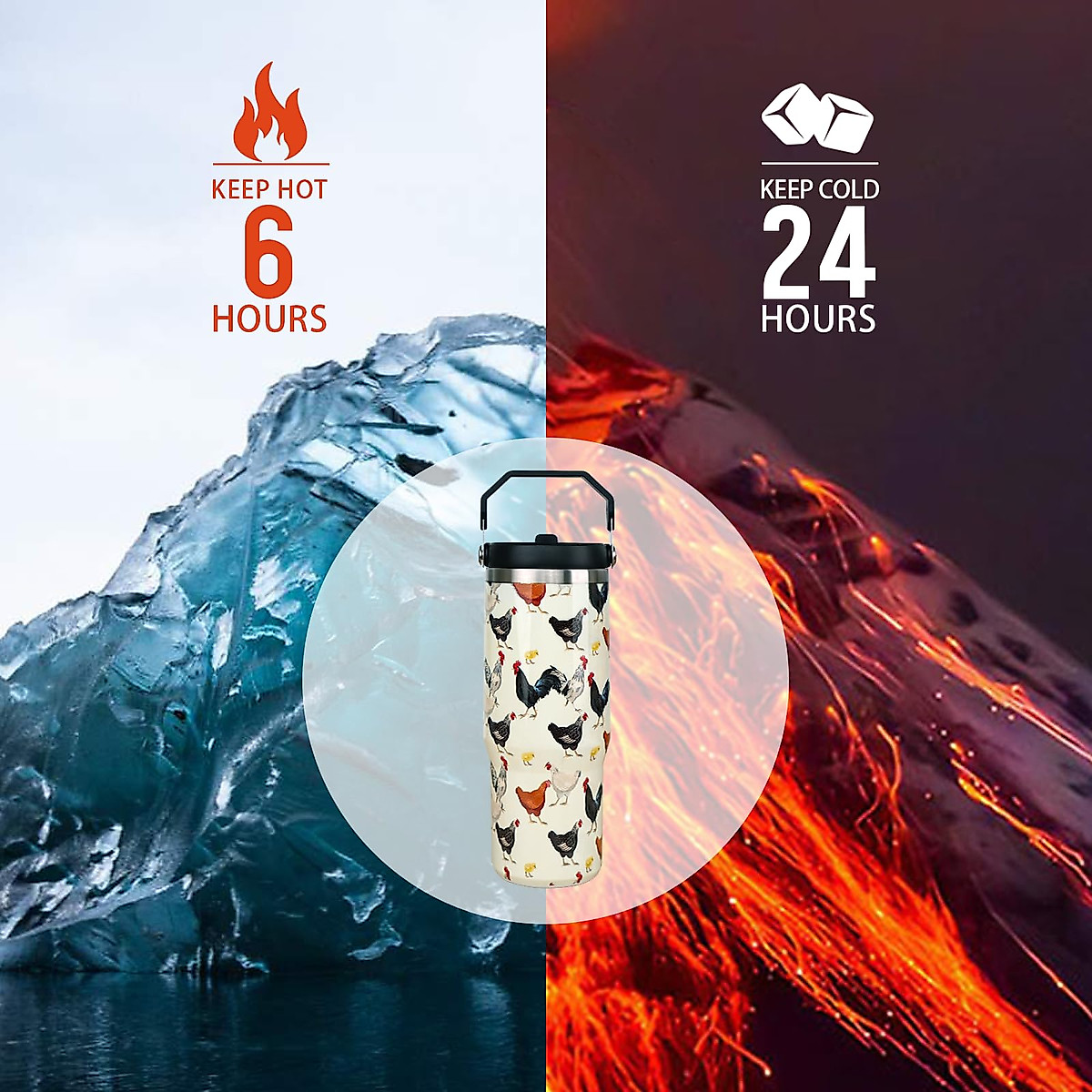 Exacmos 30oz Chicken Tumbler with Handle and Straw, Stainless Steel Vacuum Insulated Flip Straw 30 oz Coffee Rooster Tumbler, Spill Proof Travel Mug, Chicken Decor Gifts for Women