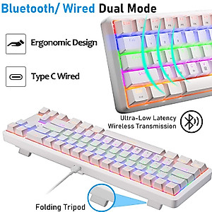 Wireless Mechanical Gaming Keyboard,60% Ultra-Compact Blue Backlit Rechargeable Bluetooth Dual Wired/Wireless Blue Switches Computer Keyboard for Multi-Device Phone Android Mobile(White Rainbow)