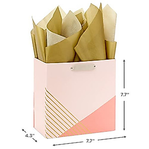 Hallmark Signature Studio 7" Medium Square Gift Bag with Tissue Paper (Coral, Blush Pink, Gold Stripes) for Birthdays, Bridal Showers, Weddings, Baby Showers, Galentines