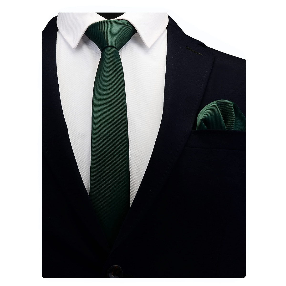 GUSLESON Solid Dark Green Emerald Skinny Tie For Men Classic Slim Necktie and Pocket Square Set (0754-08)
