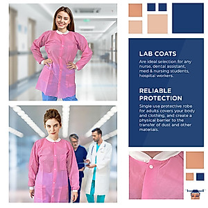 EZGOODZ Light Pink Disposable Lab Coats for Adults, X-Large. 10 Pack Medical PPE Coat. SPP 45 GSM Painting Lab Coat with Cuffs, Collar, Plastic Snaps, 3 Pockets. Splash-Proof Disposable Coats Medical