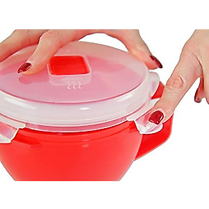 Home-X Microwave Soup Mugs with Lid- Set of 2, Microwave Soup Bowls with Handle and Vented Lid, BPA Free Dishwasher Safe, 32oz Capacity, Set of 2, 7 ¼" L x 5" W x 4" H, Red