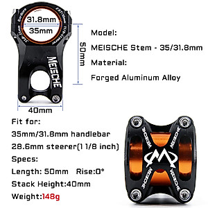 MEISCHE Upgraded 50mm Stem Mountain Bike, CNC MTB Short Stem Black 31.8 or 35mm Bars Riser, 3D Forged Enduro MTB Bar Clamp