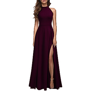 MUSHARE Women's Halter Neck Sexy Split Cocktail Party Maxi Long Formal Dress Burgundy