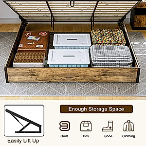 IKIFLY California King Size Lift Up Storage Bed - Metal Cal King Platform Bed Frame with 2-Tier Storage Shelf Headboard & Charging Station, Solid Wood Slats, No Box Spring Needed - Rustic Brown