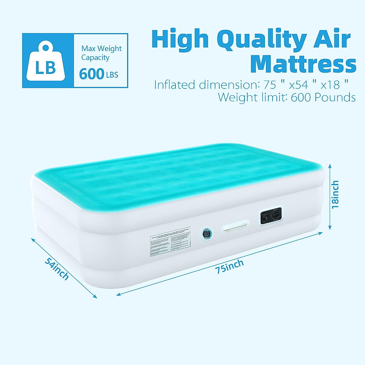 TWUBLK Air Mattress Full AirBed Inflatable/deflatable 18" Built in Pump (Blue)