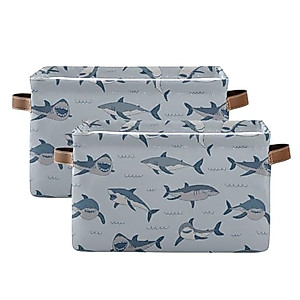 Hand Drawn Shark Storage Basket Bins Decorative Toy Laundry Basket Organization with Handles for Playroom Living Bed Room Office Clothes Nursery,2 pcs