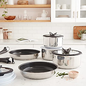 T-fal Ingenio Stainless Steel Cookware Set 13 Piece Induction Stackable, Removable Handle Pots and Pans, Dishwasher Safe Silver