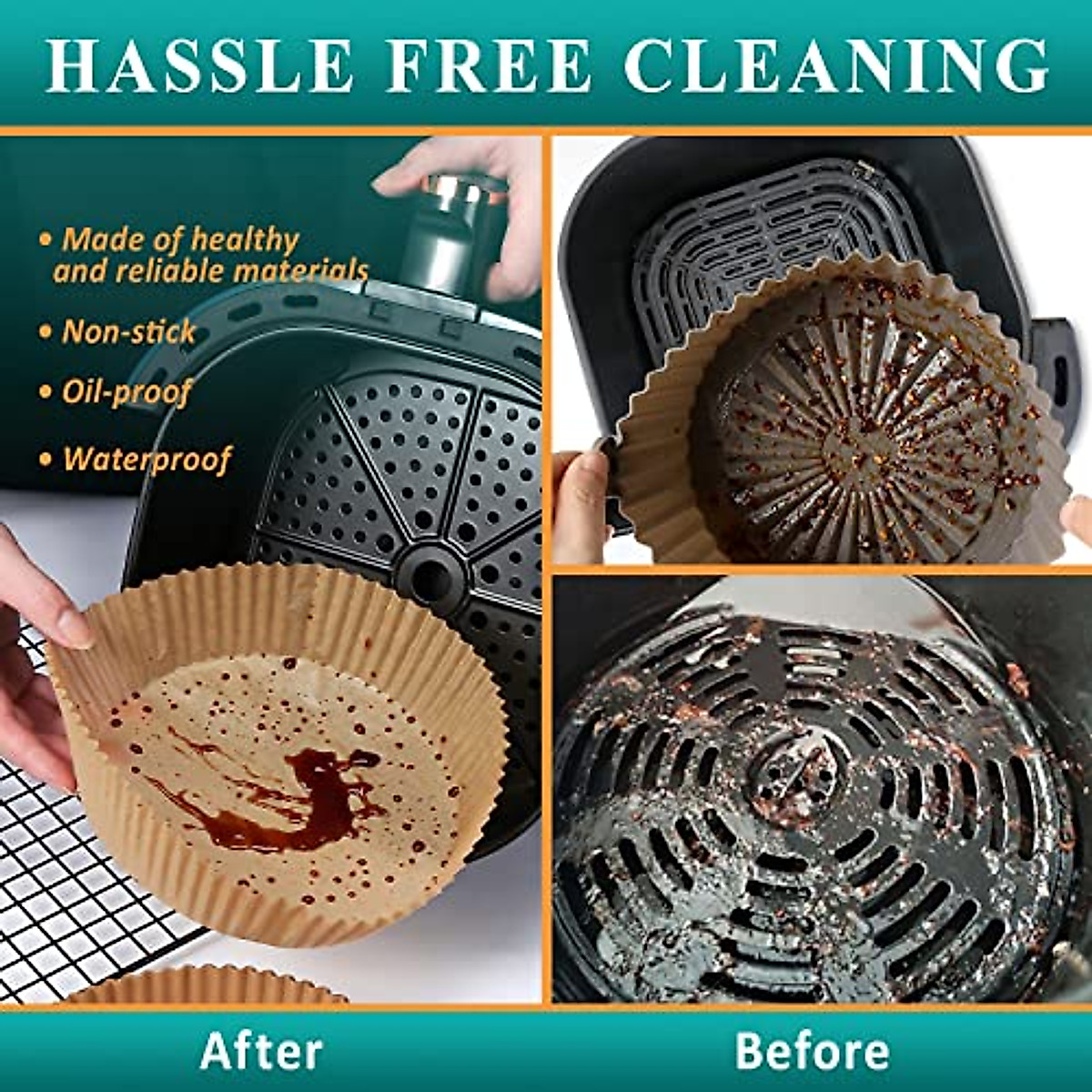 GPUSFAK 100PCS Air Fryer Disposable Paper Liner - 7.9inch and 6.3inch Round Non-stick, Waterproof, Oil-proof Food Grade Parchment Paper for Baking Roasting Microwave