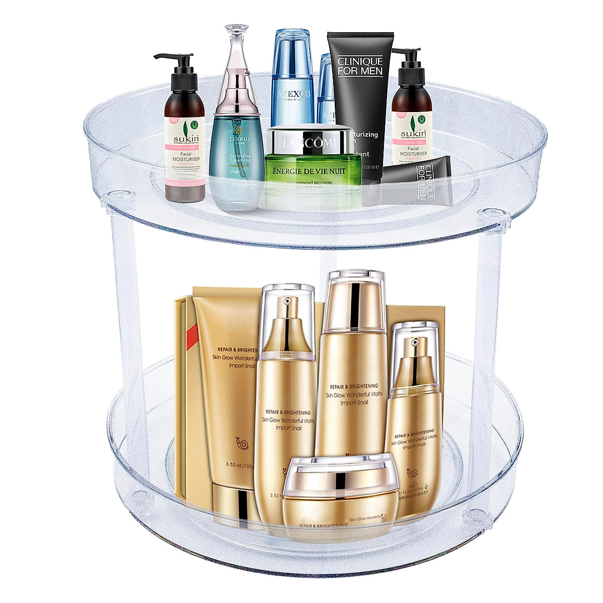 YTXXDEUS 2 Tier Lazy Susan Bathroom Organizer,10.6 Inch Clear Spice Rack Turntable for Kitchen Cabinet, Perfume Organizer for Vanity, 360 Rotating Tiered Tray for Cupboard, Pantry, Bathroom, Table
