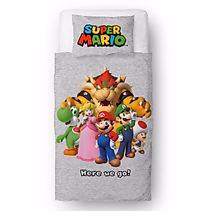 Nintendo Super Mario Official Single Duvet Cover Set, Here We Go Design | Reversible 2 Sided Bedding Cover Official Merchandise Including Matching Pillow Case | Single Bed Set | Polycotton