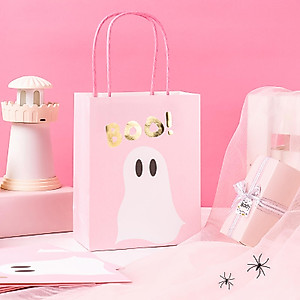 WRAPAHOLIC 12 Pack 7" Small Halloween Kraft Paper Gift Bags - Pink Ghost Boo Design for Hallowen, Holiday, Party Gift Wrap