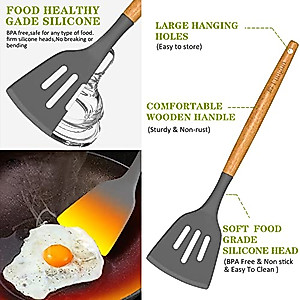 Silicone Cooking Utensil Set, 35 Pcs Kitchen Utensils Cooking Utensils Set by Fungun, Non-stick Heat Resistant Kitchen Gadgets Cookware with Natural Wooden Handle -(Gray)