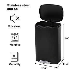 13 Gallon Trash Can, Brushed Stainless Steel Kitchen Trash Can with Soft-close Lid, Fingerprint-resistant Kitchen Garbage Can with Foot Pedal and Inner Bucket, Odor Proof Trash Can Garbage Can, BLACK