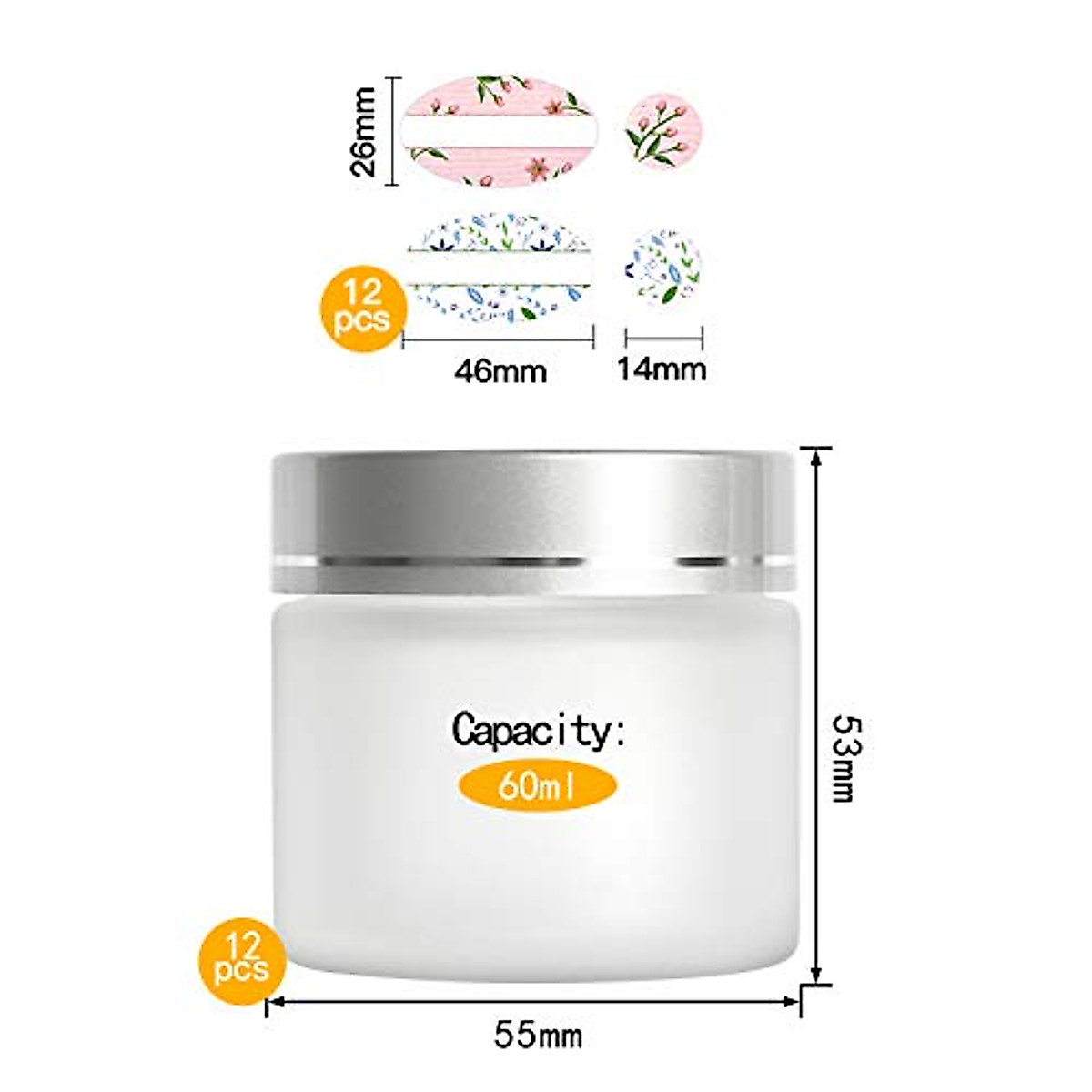 12 Pack 60ml 2 oz Matte Clear Glass Jars with Silver Lids & Inner Liners,Round Containers Travel Jars for Cosmetics, Eye Shadow, Makeup and Face cream Lotion.