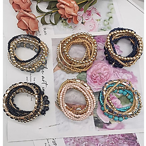 FINZOR 48Pcs Bohemian Stackable Bead Bracelets for Women Multicolor Stretch Beaded Bracelets Layered Bead Adjustable Bracelet Black Turquoise Stretch Bracelets