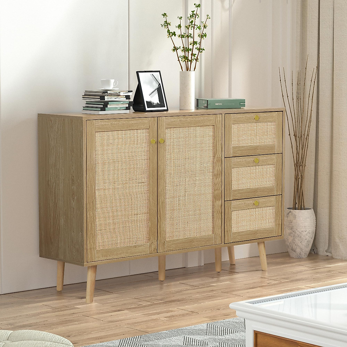Anmytek Rattan Sideboard Buffet Cabinet with 2 Doors and 3 Drawers, Buffet Cabinet with Storage Wood Credenza Storage Cabinet for Living Room Dining Room Hallway Kitchen, Natural Oak H0088