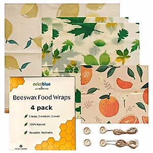 EEKOBLUE Beeswax Food Wraps (4-pack + tie closures) Each organic beeswax wrap with jojoba oil is a sustainable reusable food wrap that is an alternative to plastic. 3 Sizes (S,M,L)
