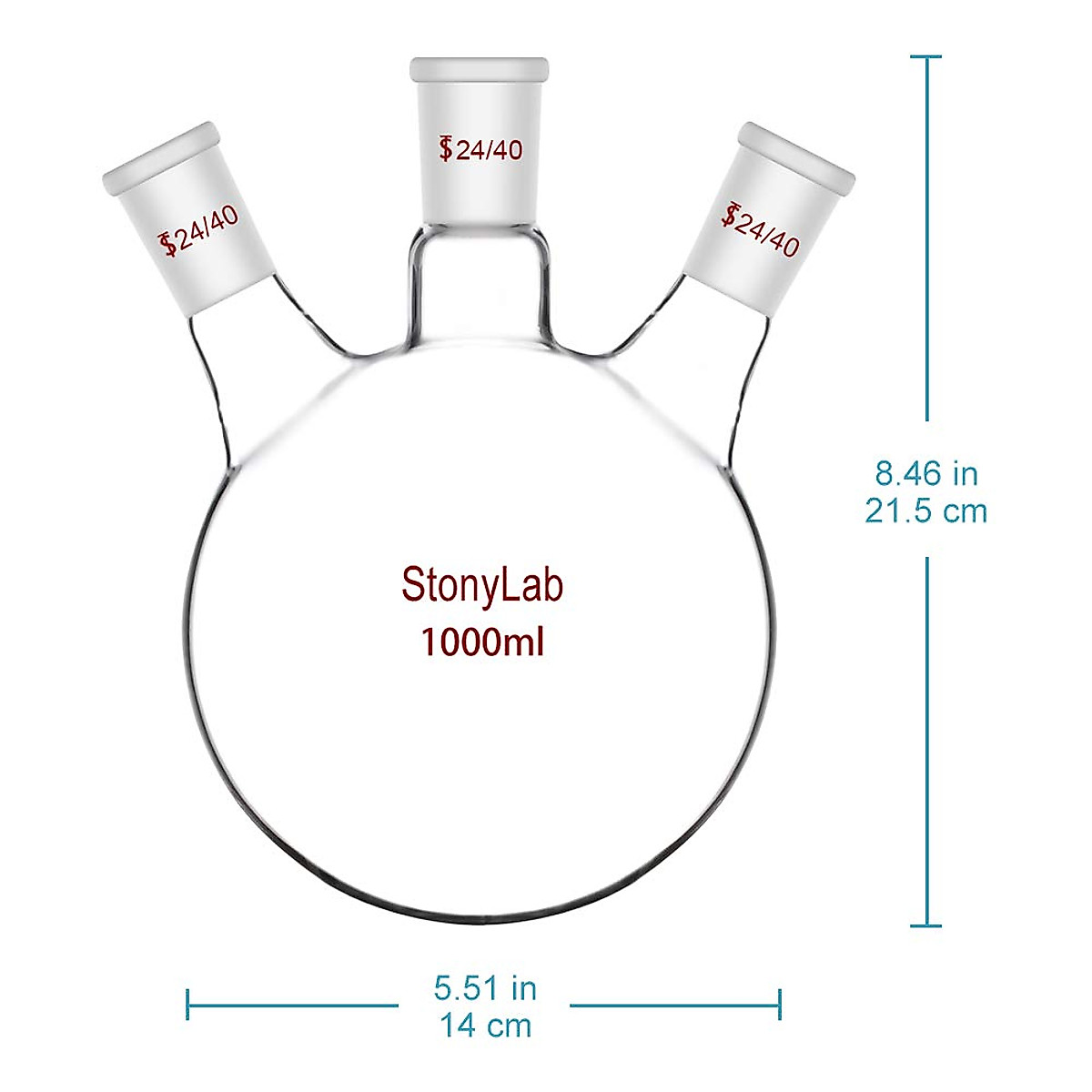 StonyLab Glass 3 Neck Round Bottom Flask RBF, with 24/40 Center and Side Standard Taper Outer Joint (1L)