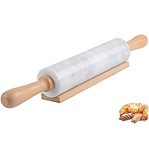 SIPARUI Marble Rolling Pin with Wooden Cradle Thick Handle Set for Baking,18.5 inch Premium Quality Polished Roller for Pizza Dough,Fondant,Pie Crust,Non-Stick Surface Easy to Clean(White)